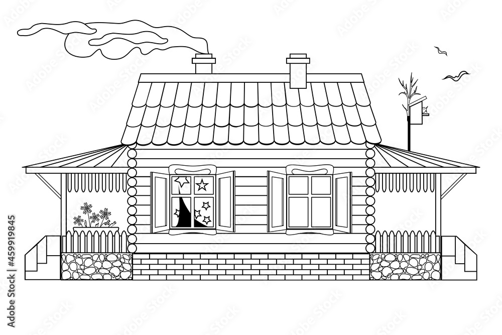 Vector childrens coloring book a wooden house 2 window, porch tiled ...