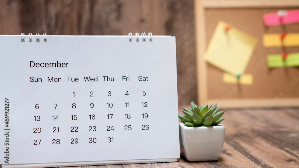 Desktop calendar and cactus placed on student wooden desk at home ...