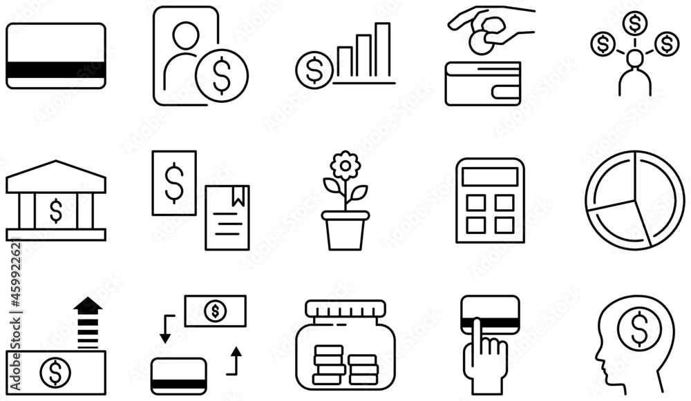 finance or accounting, line style icon set, debit or credit card ...