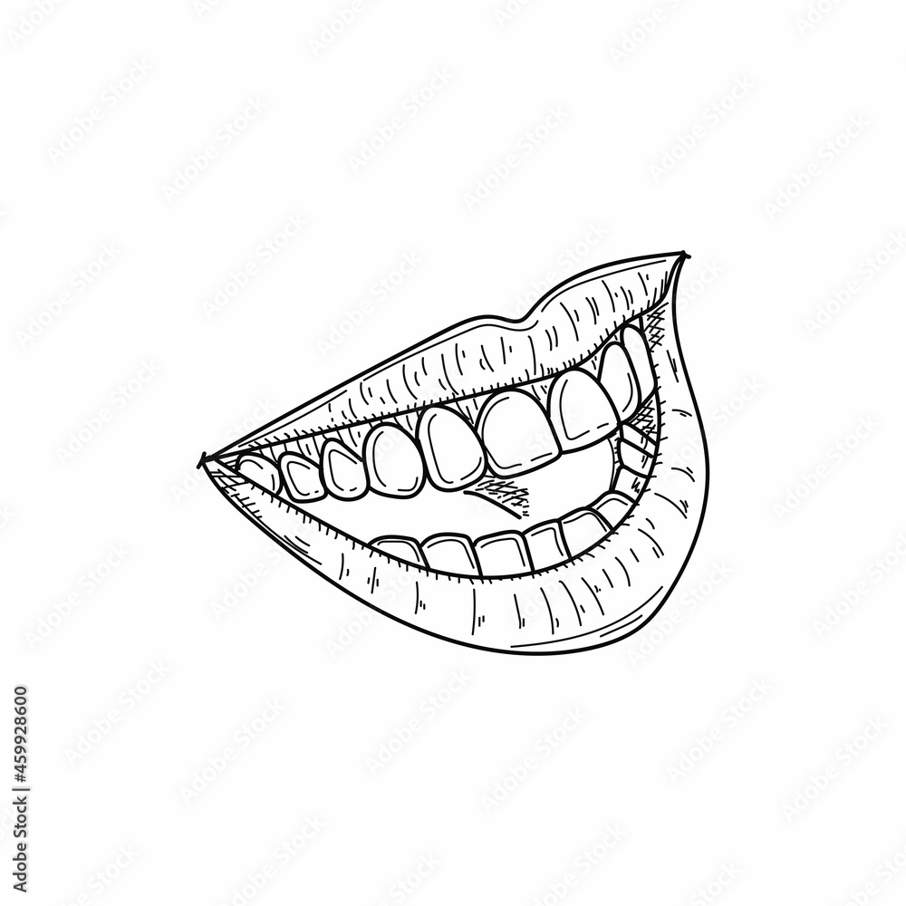 Drawing, engraving, ink, line art, vector illustration laughing mouth ...