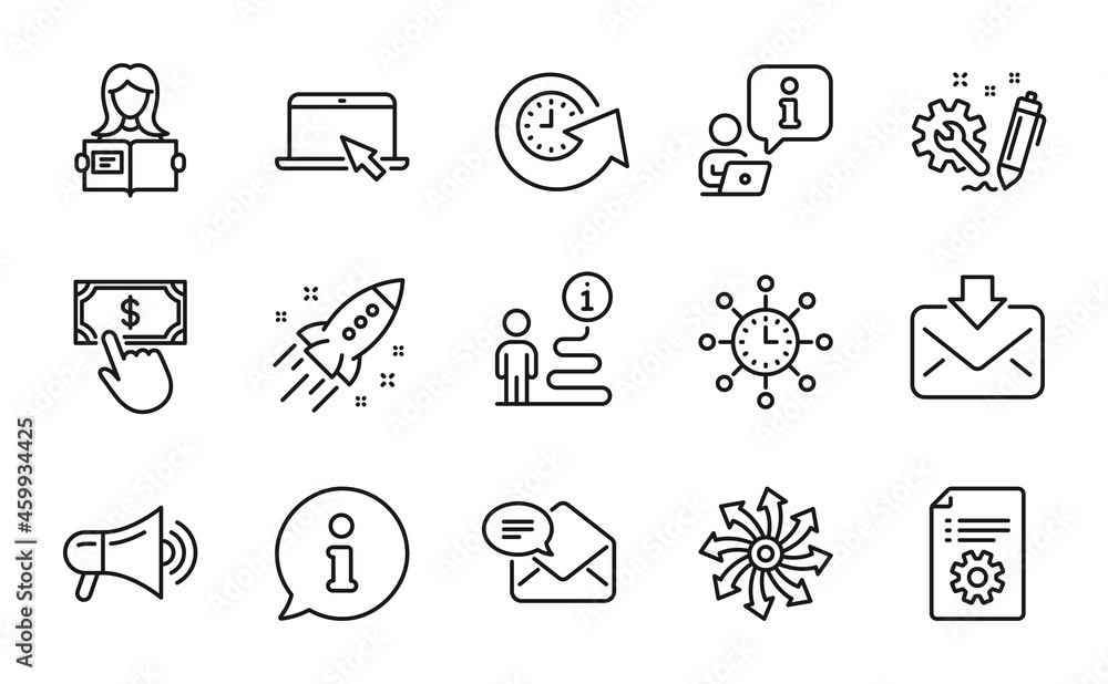 Line icons set. Included icon as Incoming mail, Woman read, Technical ...