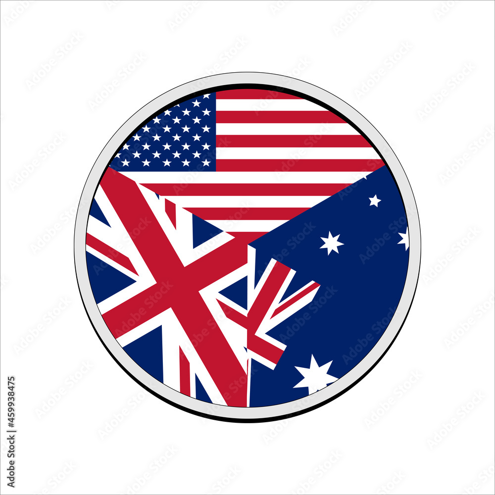 AUKUS alliance icon. Flags of Australia, United Kingdom, USA. Tree ...