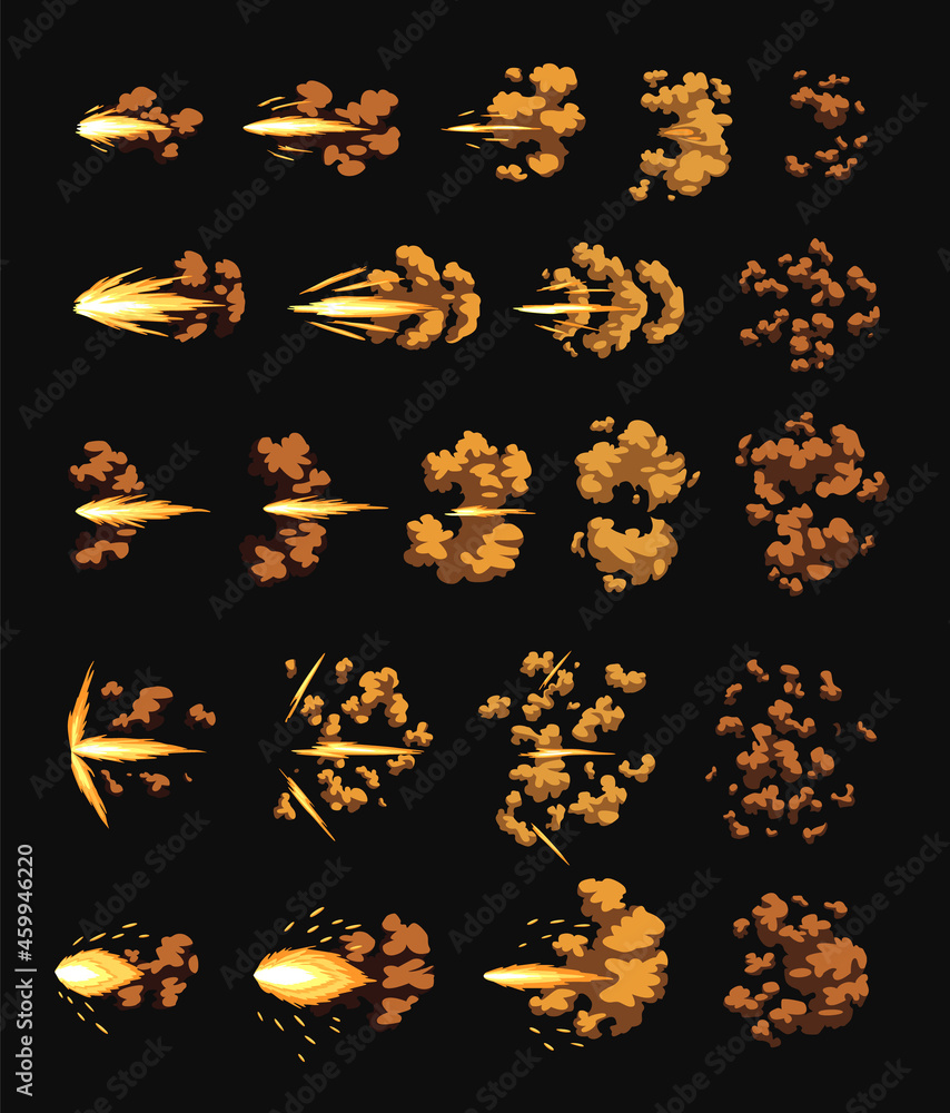 Gun flashes or gunshot animation. Collection of fire explosion effect ...