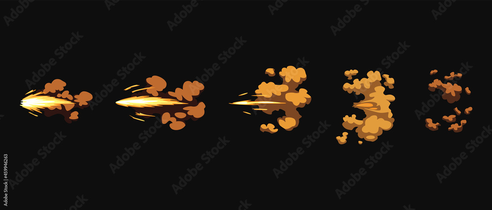 Gun flashes or gunshot animation. Cartoon flash effect of bullet start ...