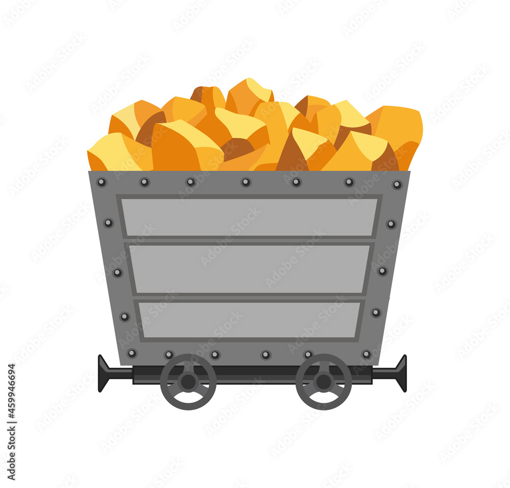 Metal mine cart loaded with gold. Cartoon mine trolley. design ...