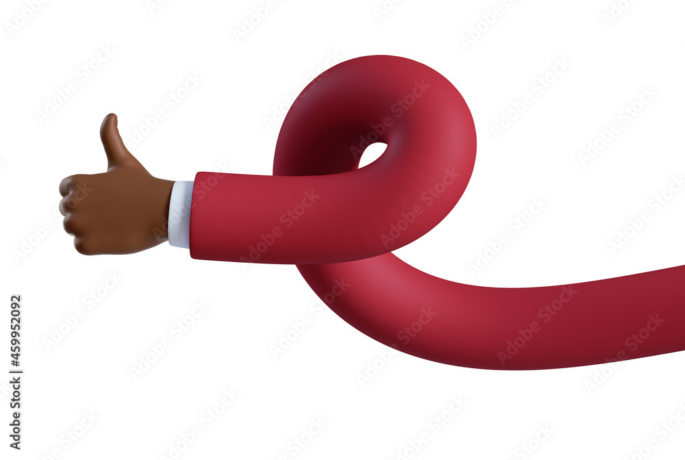 3d render, flexible twisted cartoon hand with dark skin shows thumb up ...