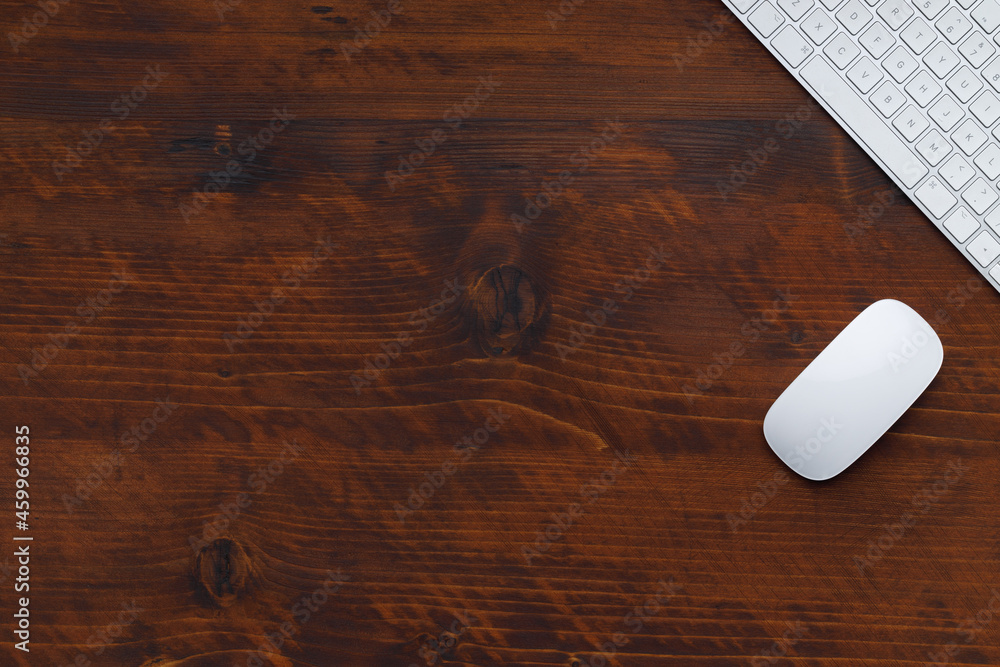 Rustic office table top with white computer mouse and keyboard. Stock ...