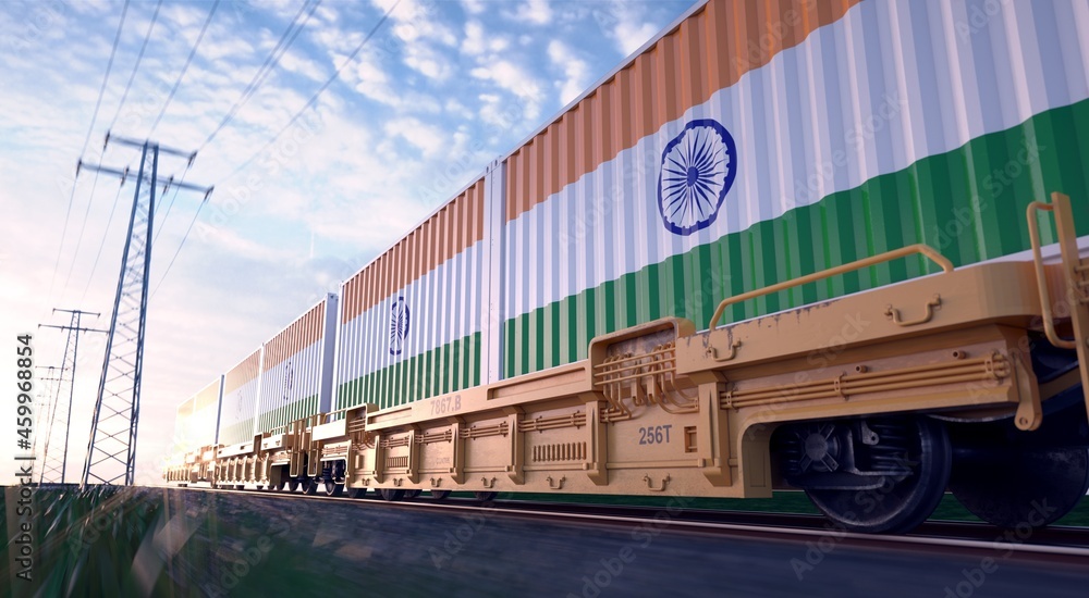 Indian exports. Freight train with loaded containers in motion. Stock ...