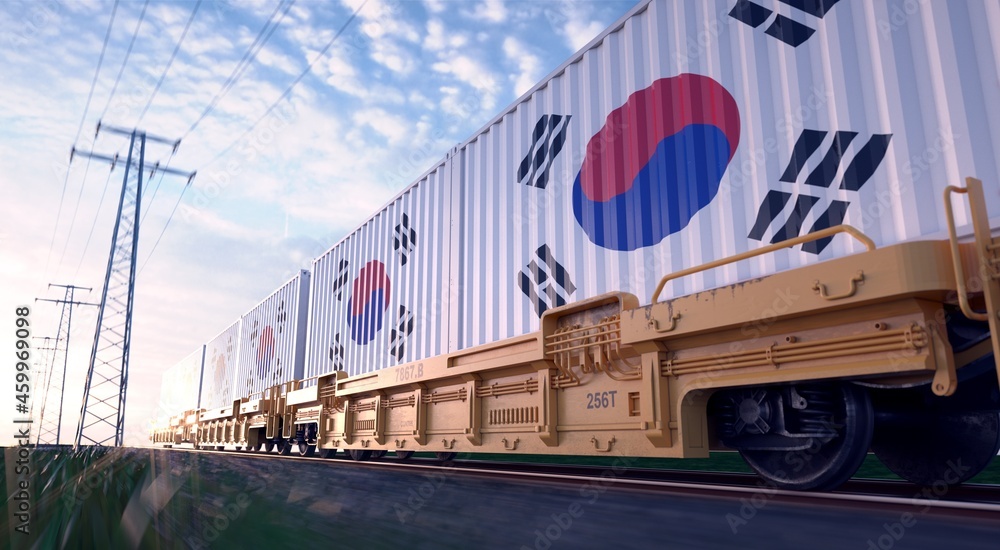 South korean exports. Freight train with loaded containers in motion ...