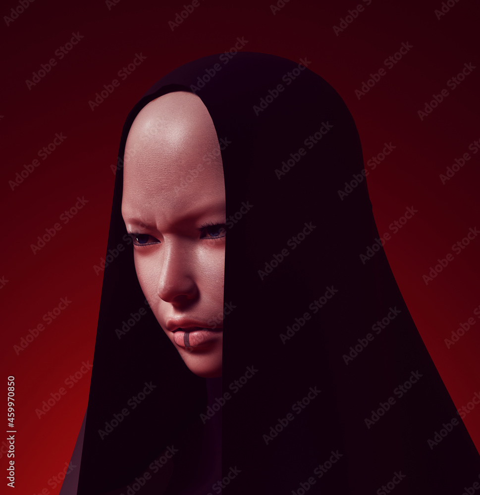 Futuristic Woman Female Alien Sci Fi CG Character in a Hood Hijab 3d ...