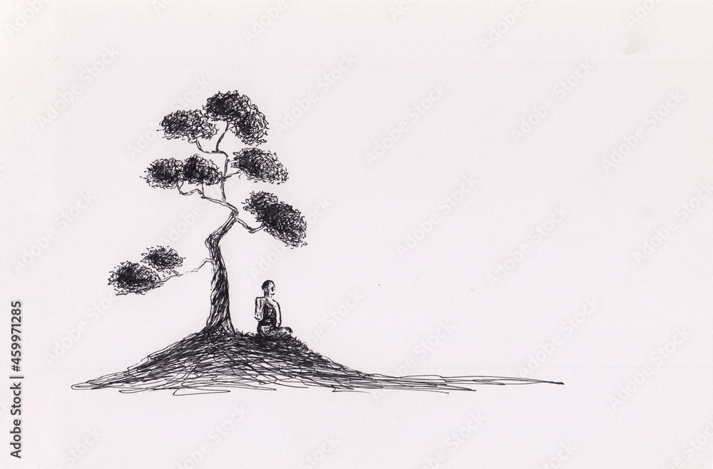 Ink drawing with Buddhist monk praying under tree. Creative nature ...