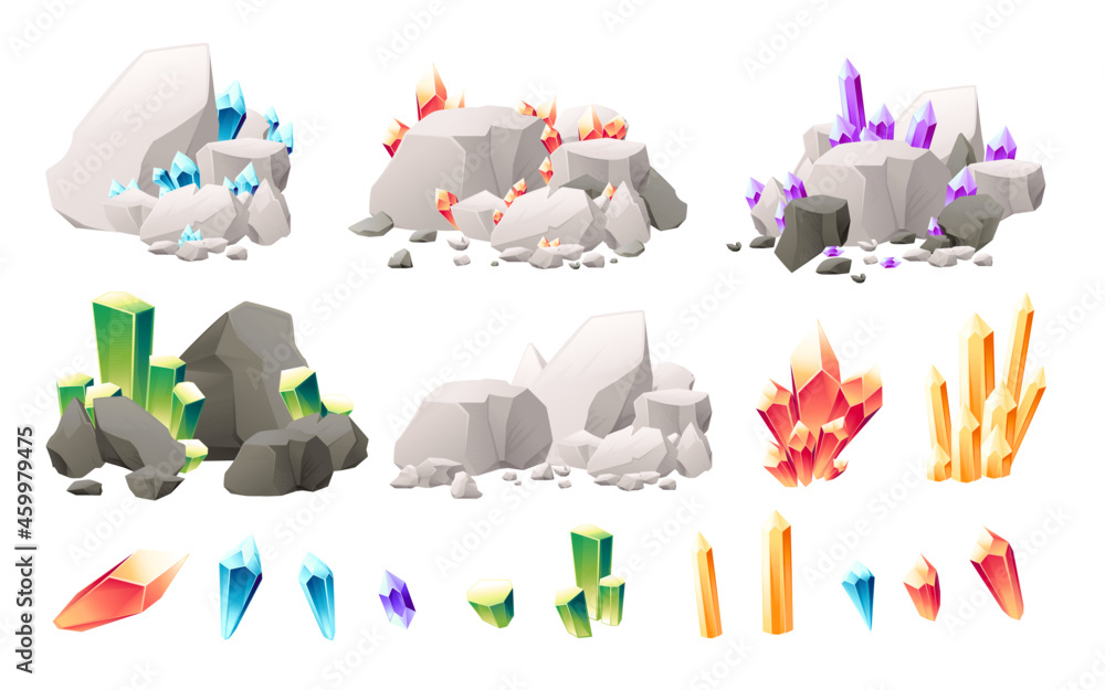 Set of different types colored shine mineral ore flat vector ...