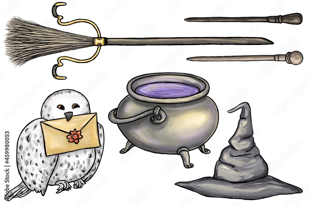 Set of magical wizard items. Polar owl holding a letter, magic wooden ...