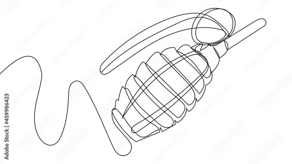 Self-drawing hand grenade one line on a white background. Throwing ...