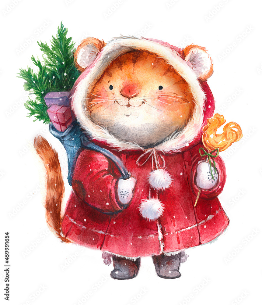 Watercolor illustration, new year christmas tiger character, tiger cub ...