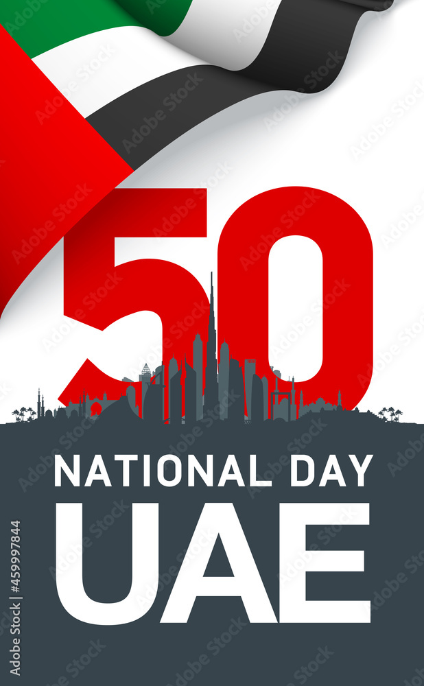 50 UAE National day flat paper style banner with UAE flag. Holiday card ...