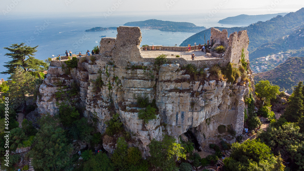 Aerial view of the ruins of the castle of Eze Village, a famous stone ...