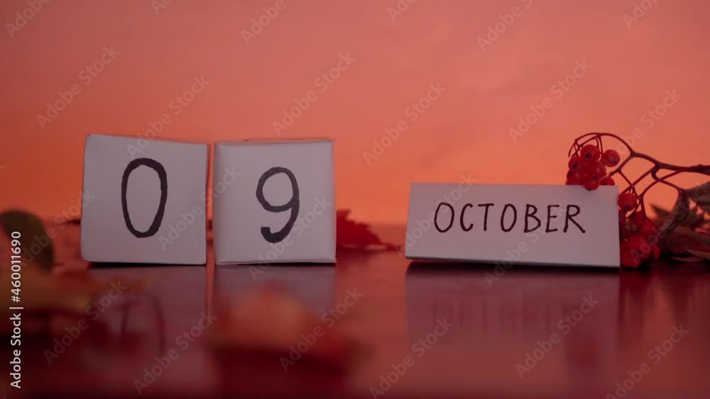 Cube calendar with an important date of October 9th with maple leaves ...