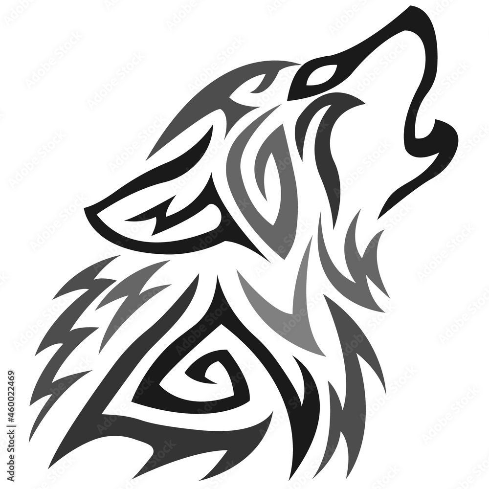 The silhouette, outline of the gray face of a wolf on a white ...