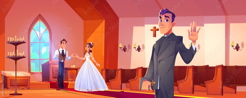 Wedding in catholic church with happy couple and pastor. Vector cartoon ...