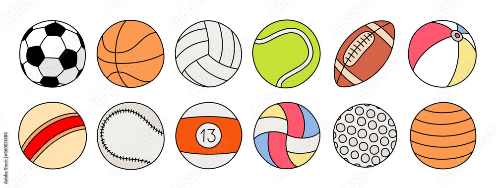 Sports ball sketch set. Color icon. Vector freehand illustration ...