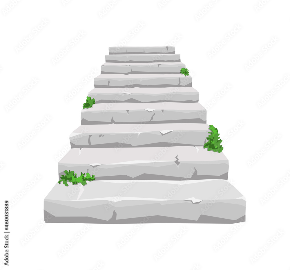 Old stone staircase with sprouted greenery on a white isolated ...