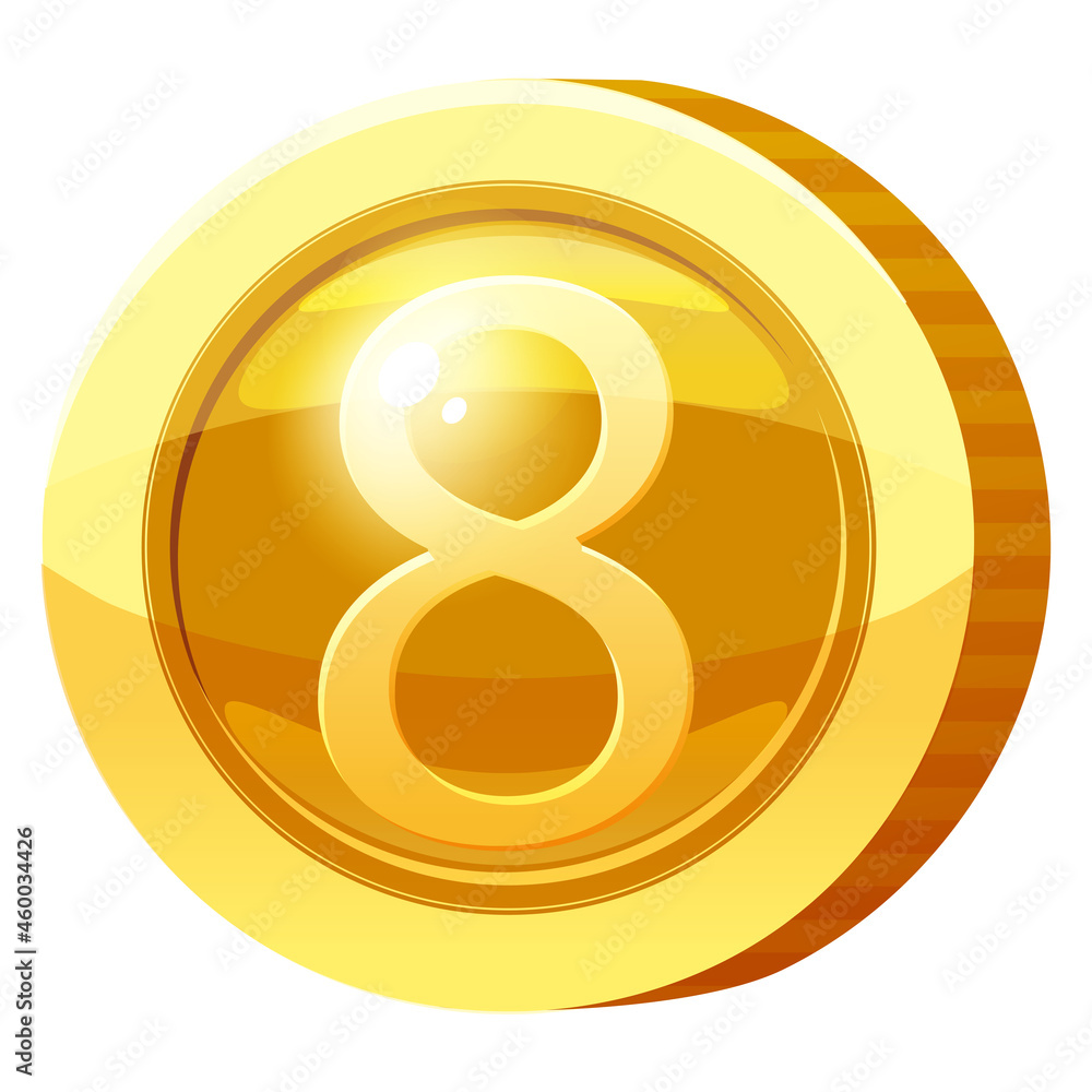 Gold Medal Coin Number 8 symbol. Golden token for games, user interface ...