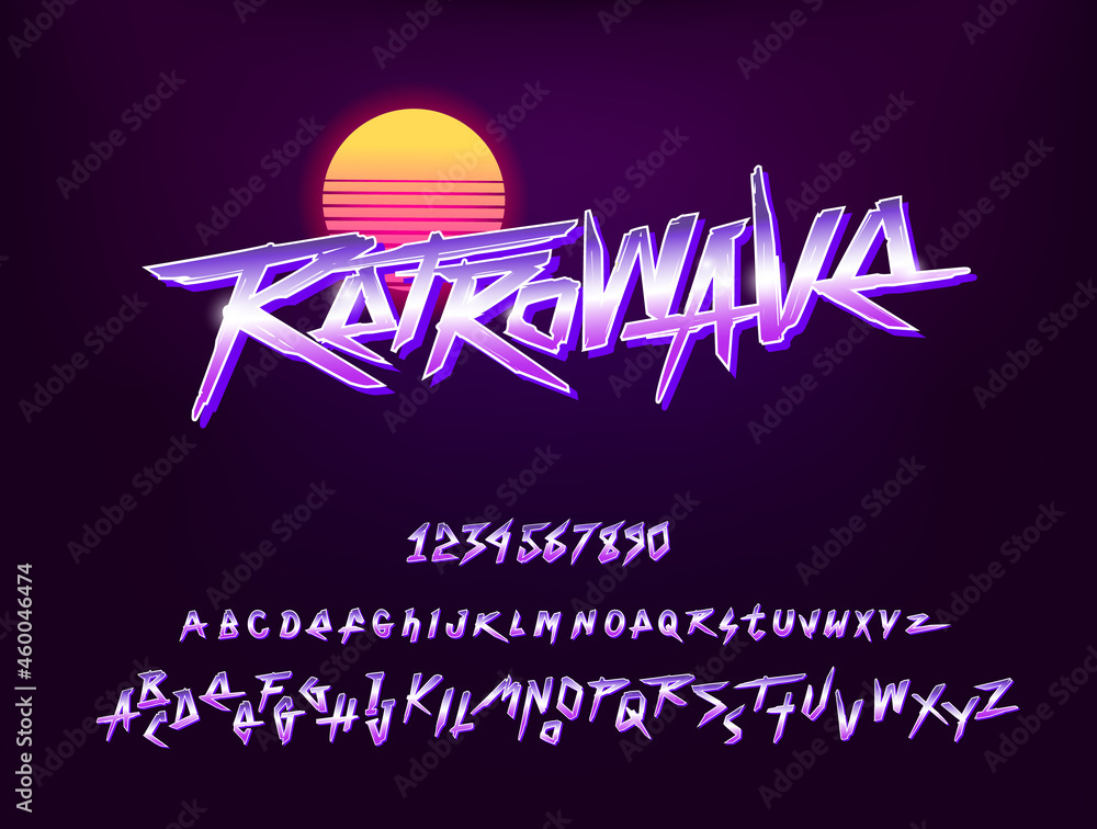 Plakat Retro wave cyberpunk 80s style type font and vector doodle ...