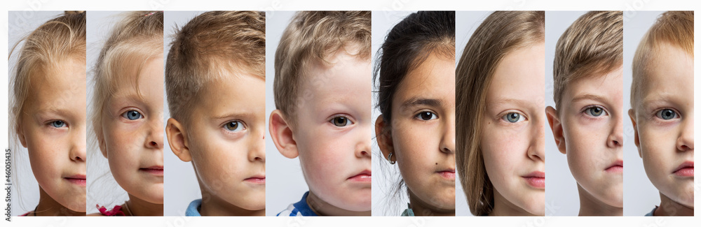 Serious faces of children. Future generation. Close-up. Collage, set of ...