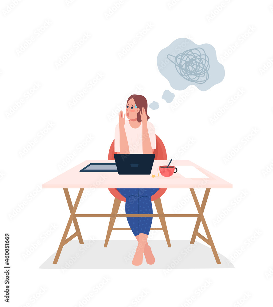 Stressed employee semi flat color vector character. Sitting figure ...