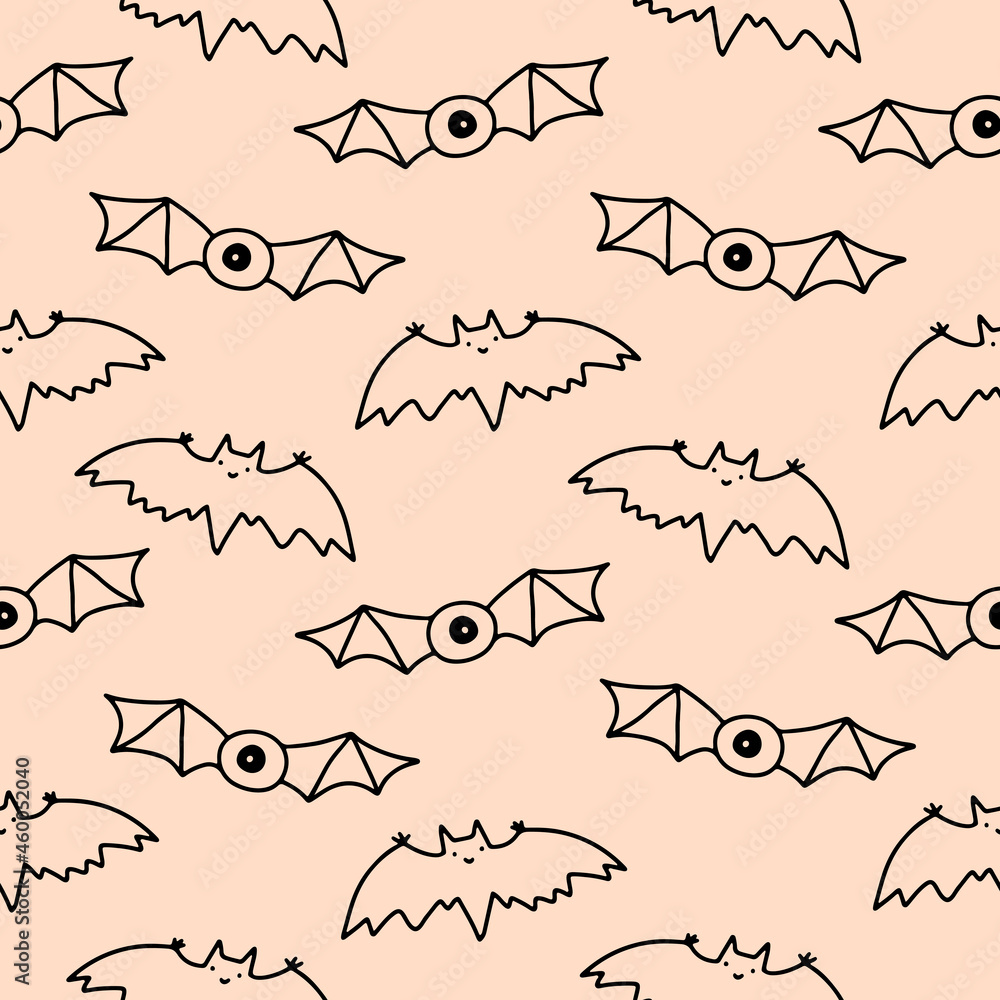 Cute bats and eyes seamless halloween pattern in simple hand drawn ...