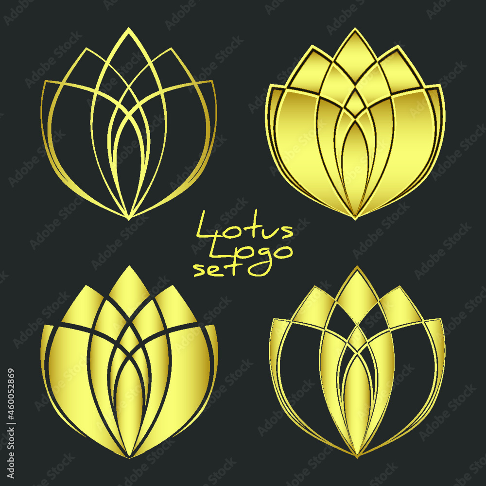 Set of golden lotus symbols in outline, silhouette and combined style ...