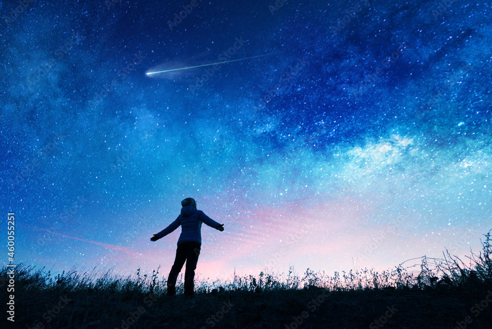 silhouette of girl watching the stars in night sky Stock Photo | Adobe ...