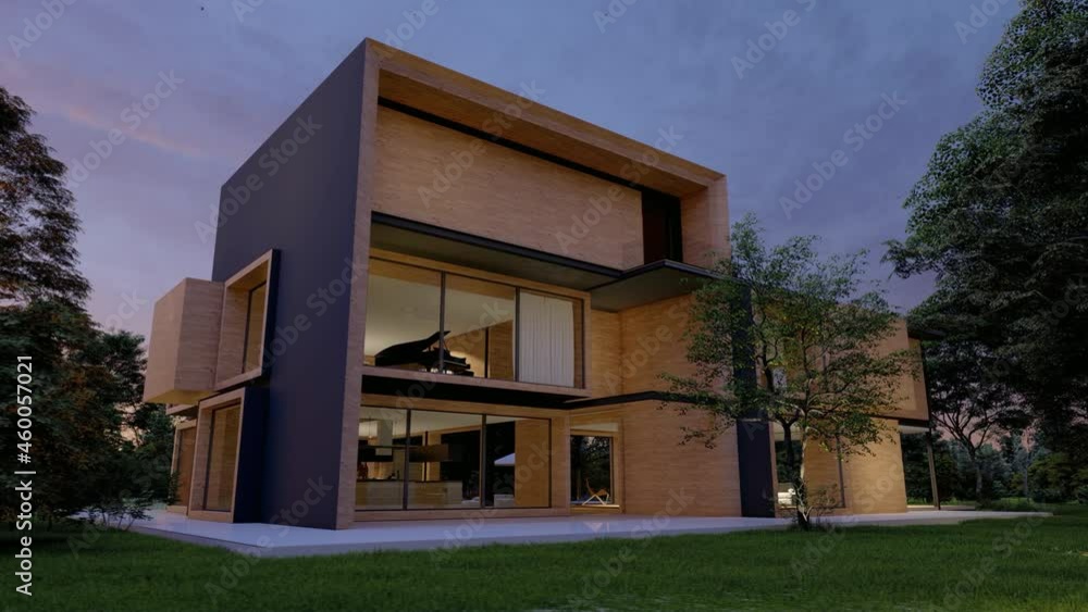 Modern large wooden mansion with roof terrace, pool and garden at night ...