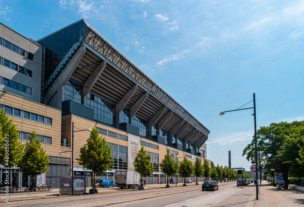 Copenhagen, Denmark- June 26, 2019: View of Parken Stadium in the Indre ...