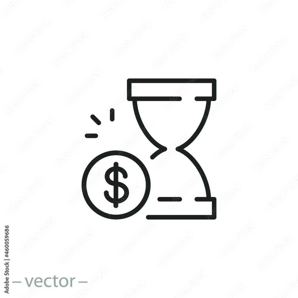 time with money icon, hourglass and dollar coin, deferred cash or ...