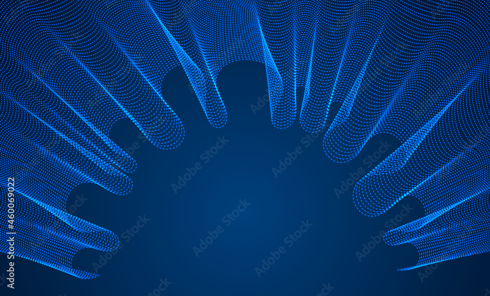 Dynamic particles sound wave flowing frame. Dotted curves vector abstract background. Beautiful ...
