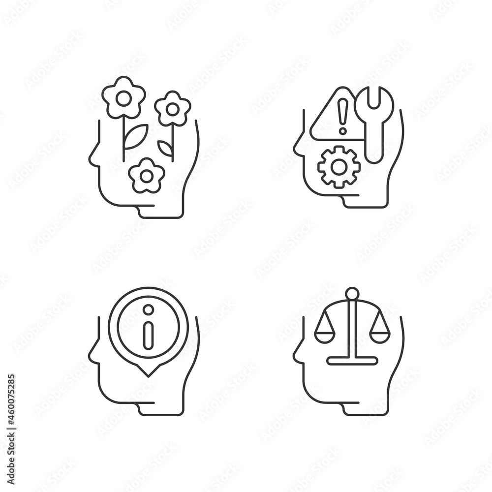 Rational and emotional mindset linear icons set. Positive attitude ...
