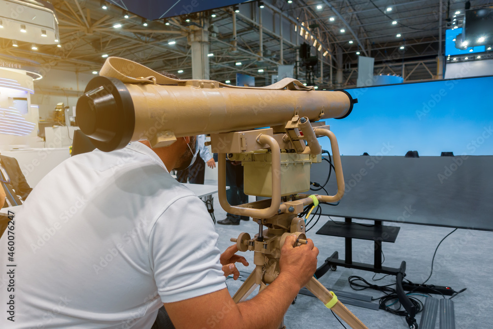 Anti-tank laser-guided missile system. The man controls the ATGM ...