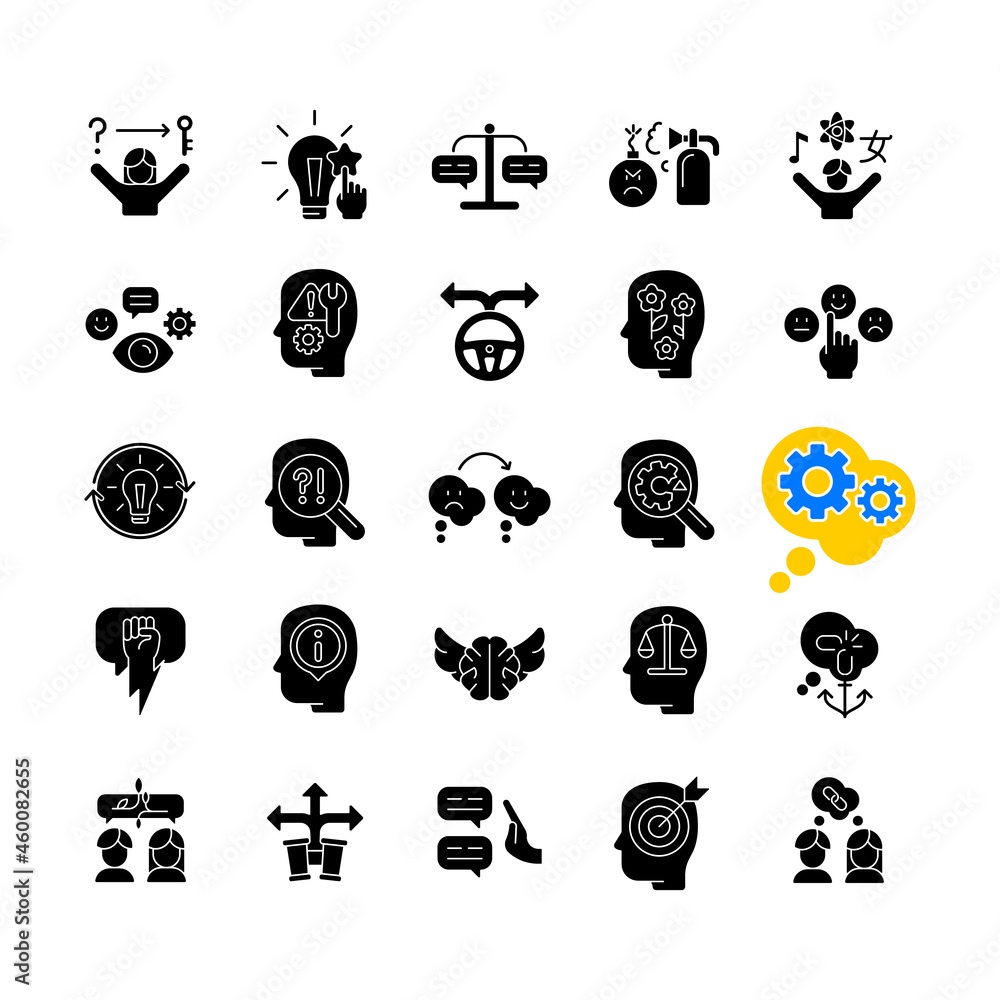 Critical thinking black glyph icons set on white space. Intellectual ...