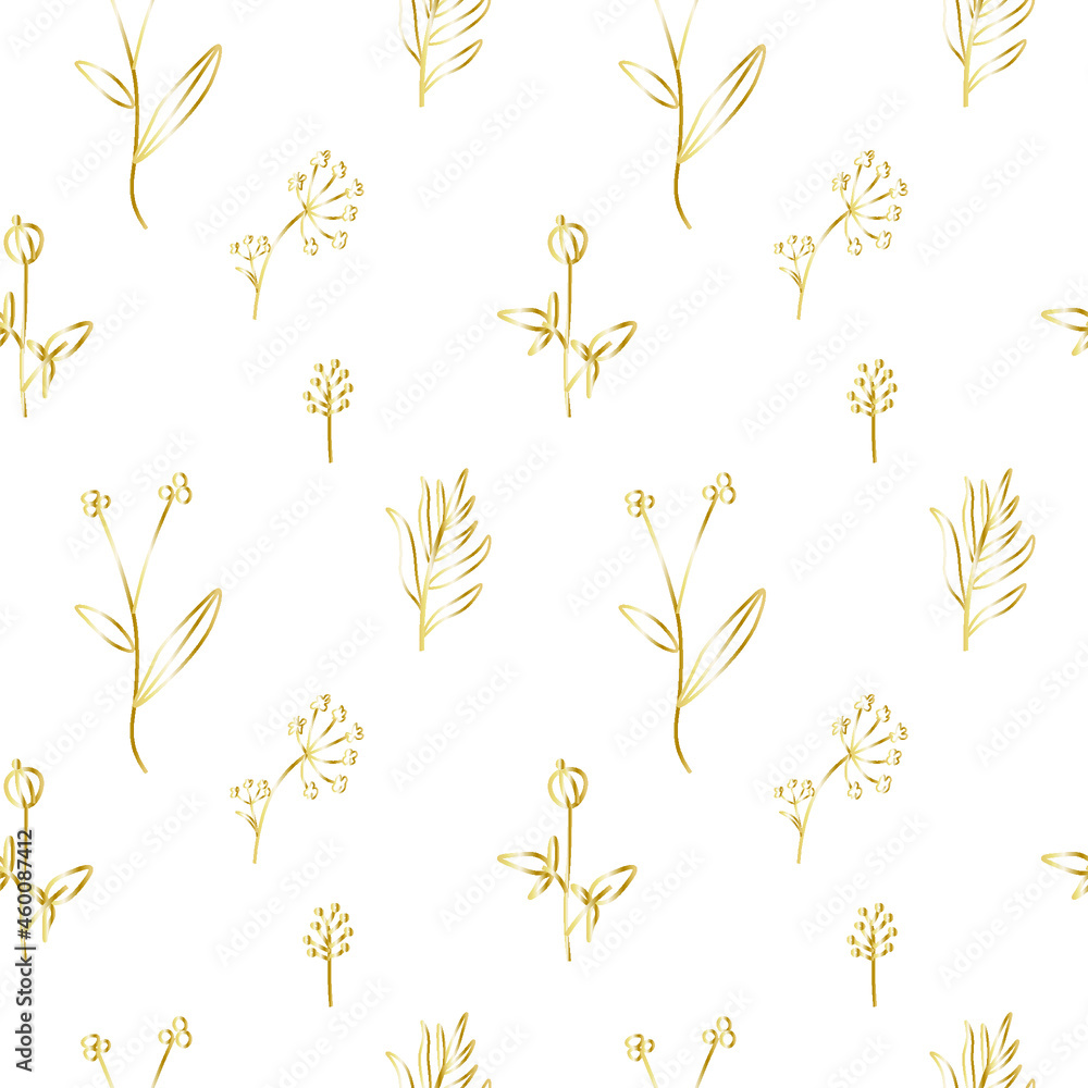 Vector seamless pattern with gold line garden flowers on white isolated ...