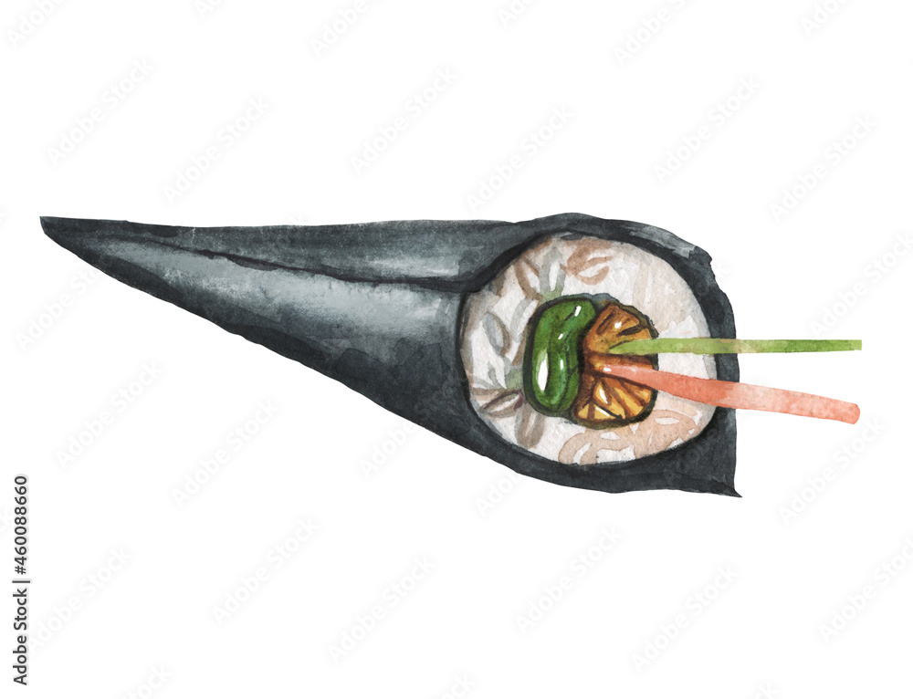 Watercolor hand drawn japanese food illustration set with temaki ...