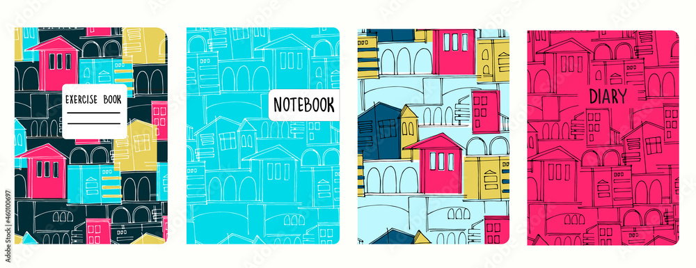 Cover page vector templates based on seamless patterns with cityscapes ...