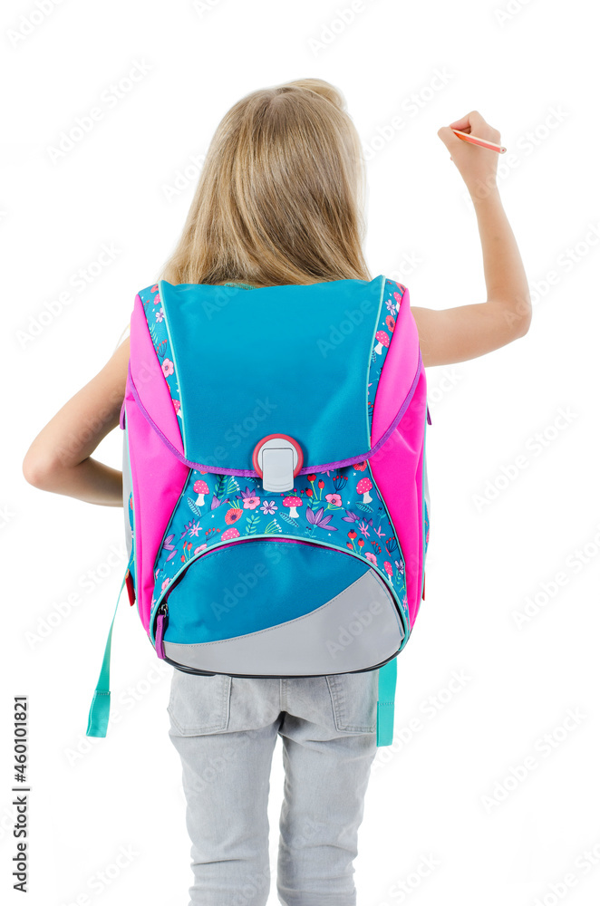 Back view of writing beautiful little girl. Rear view people collection ...