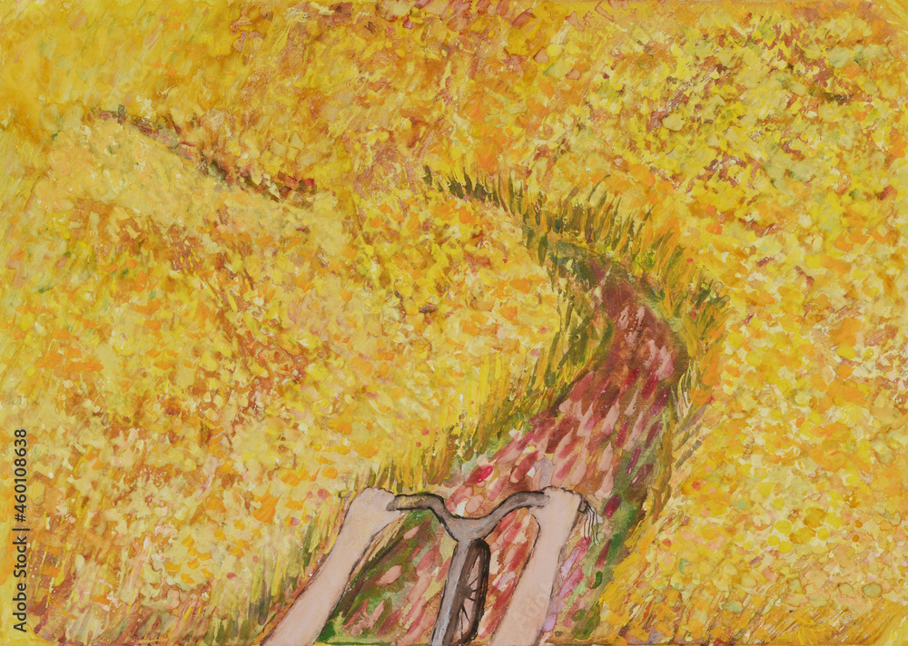 Riding a bike on a path surrounded by agricultural thick grain field ...