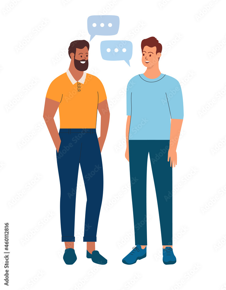 Two men talking together facing each other. Couple of men standing and ...