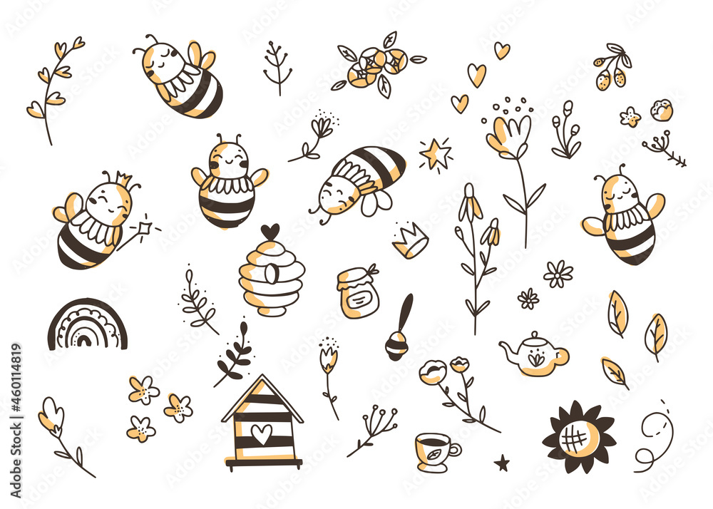Cute bees with flowers and honey elements hand drawn vector set ...