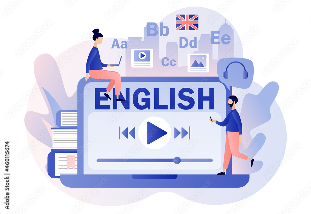 Language courses or school online. Tiny people learning English with ...