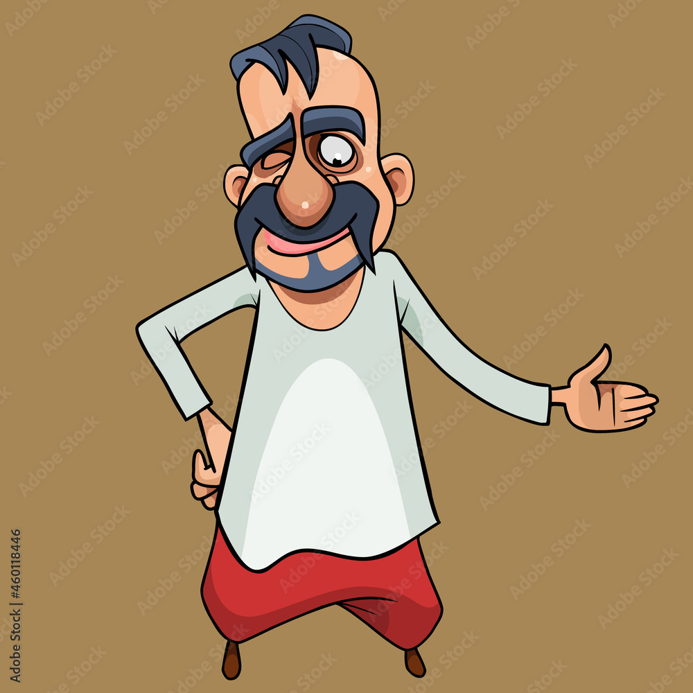 cartoon man in red trousers with a long mustache and a forelock on his ...