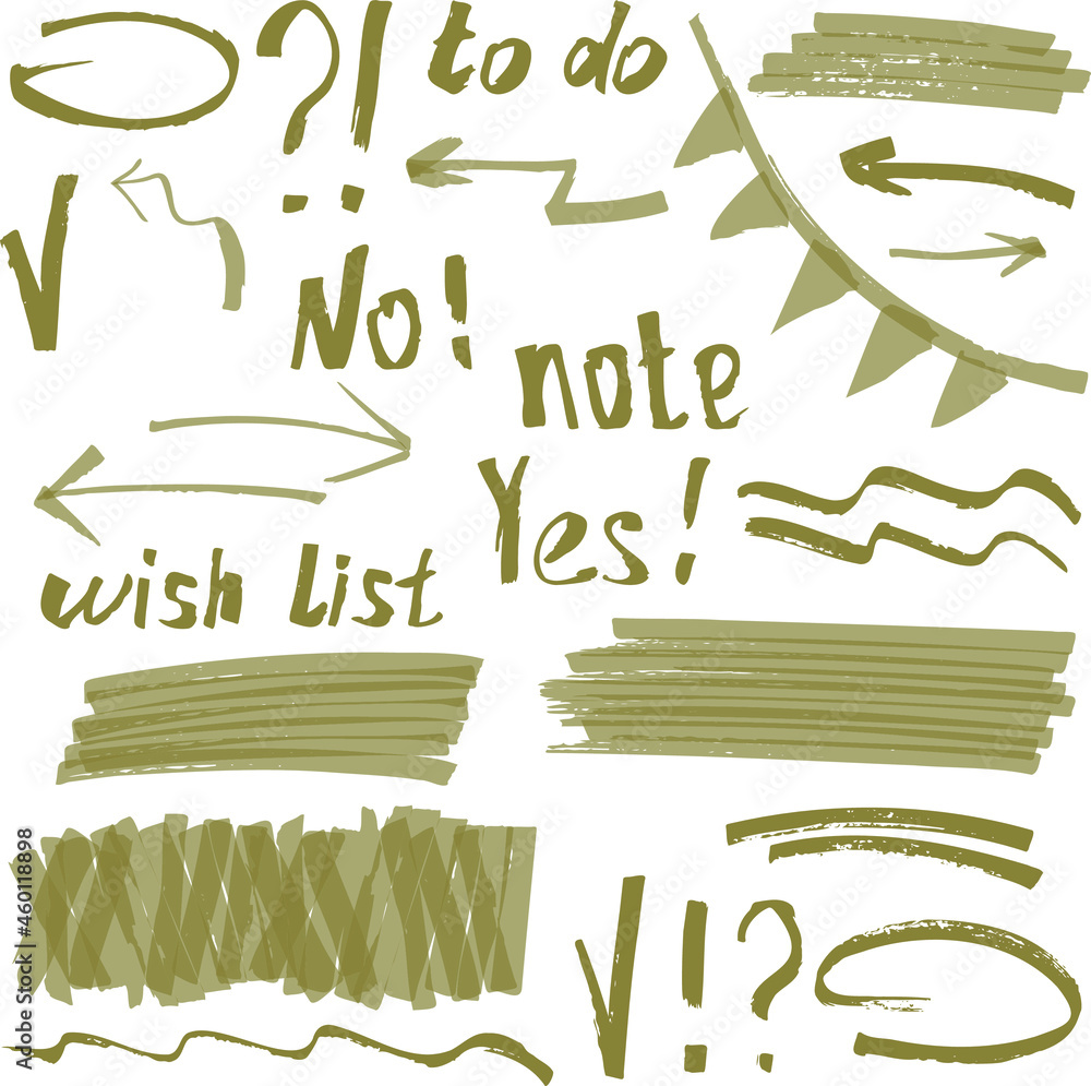 Vector illustration, a set of arrows, signs and inscriptions, imitation ...